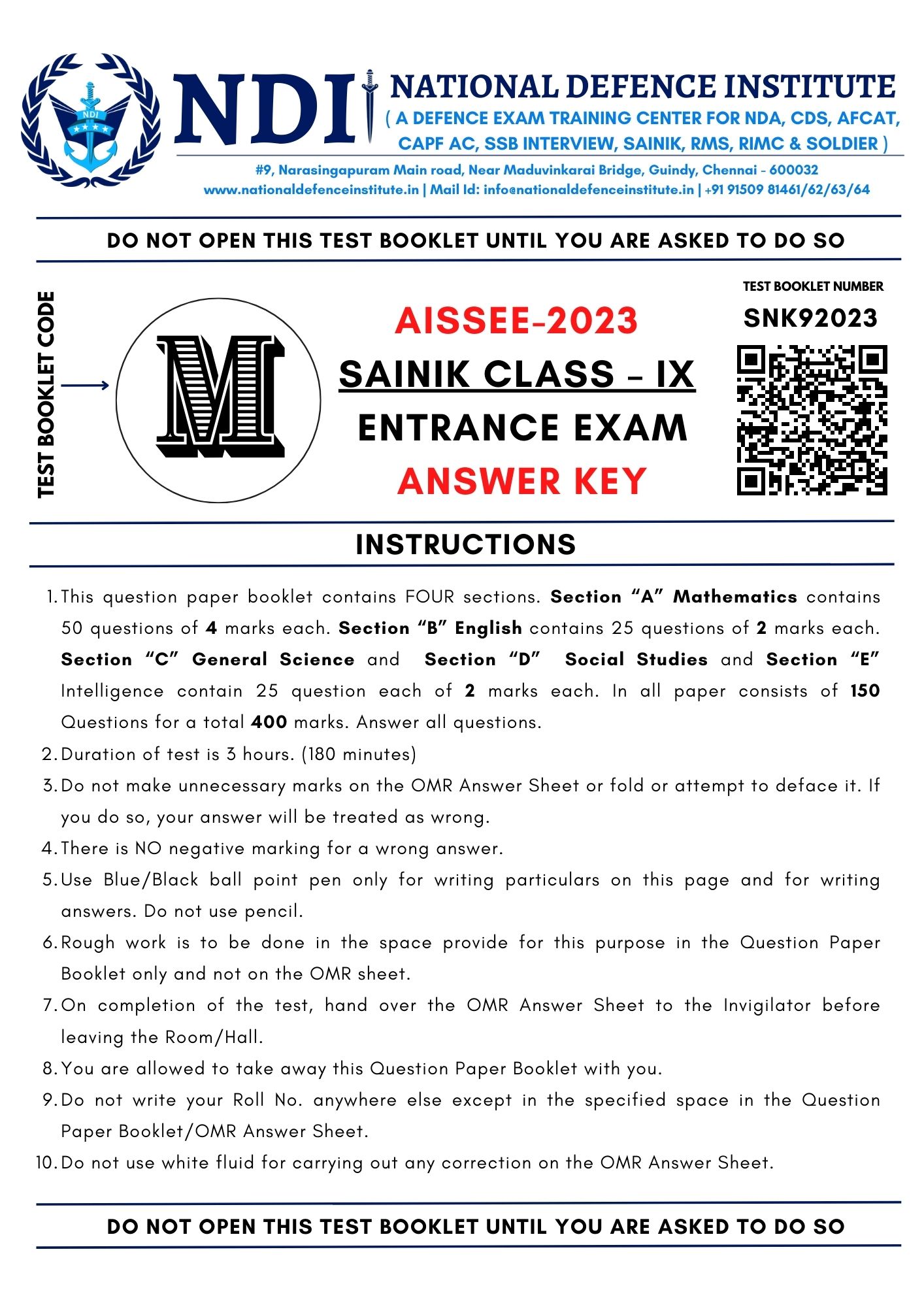 SAINIK 9 2023 QUESTION PAPER WITH ANSWERS (AISSEE-9 2023)